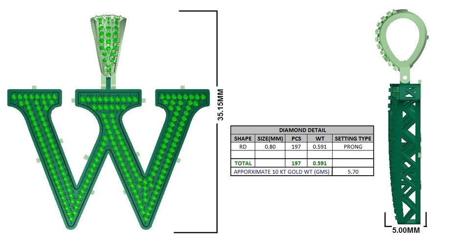 3D Printed W ALPHABET PENDANT WITH ROUND DIAMOND by vr3d | Pinshape